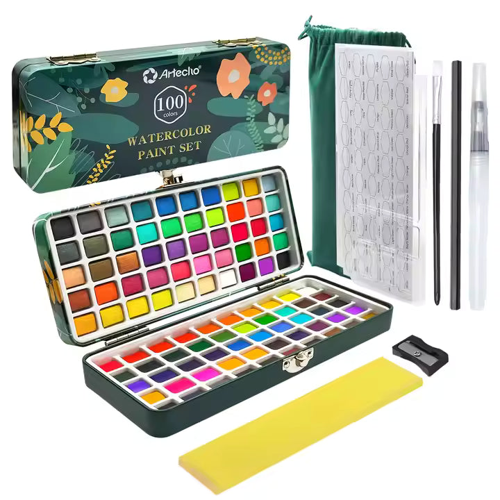 Artecho Professional 100 Watercolour Paint Set in Tin Case with Access ...
