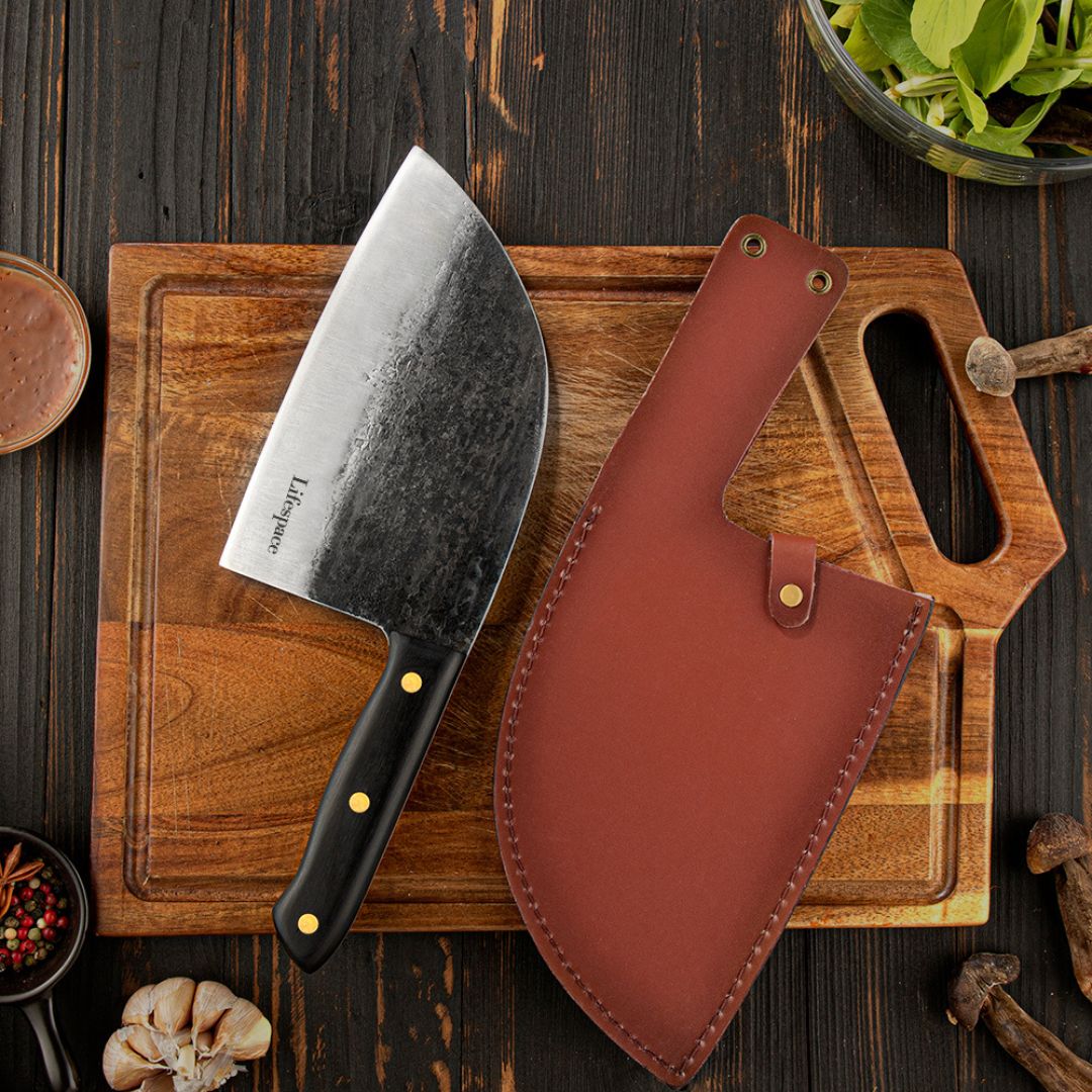 Lifespace Hammer Forged Full Tang Butcher Cleaver with Leather Sheath ...