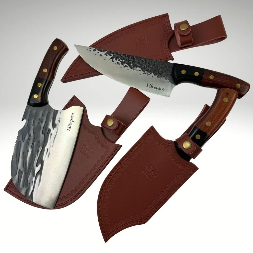 Lifespace Premium Chef Cleaver Knife Set (x3) with Genuine Leather ...