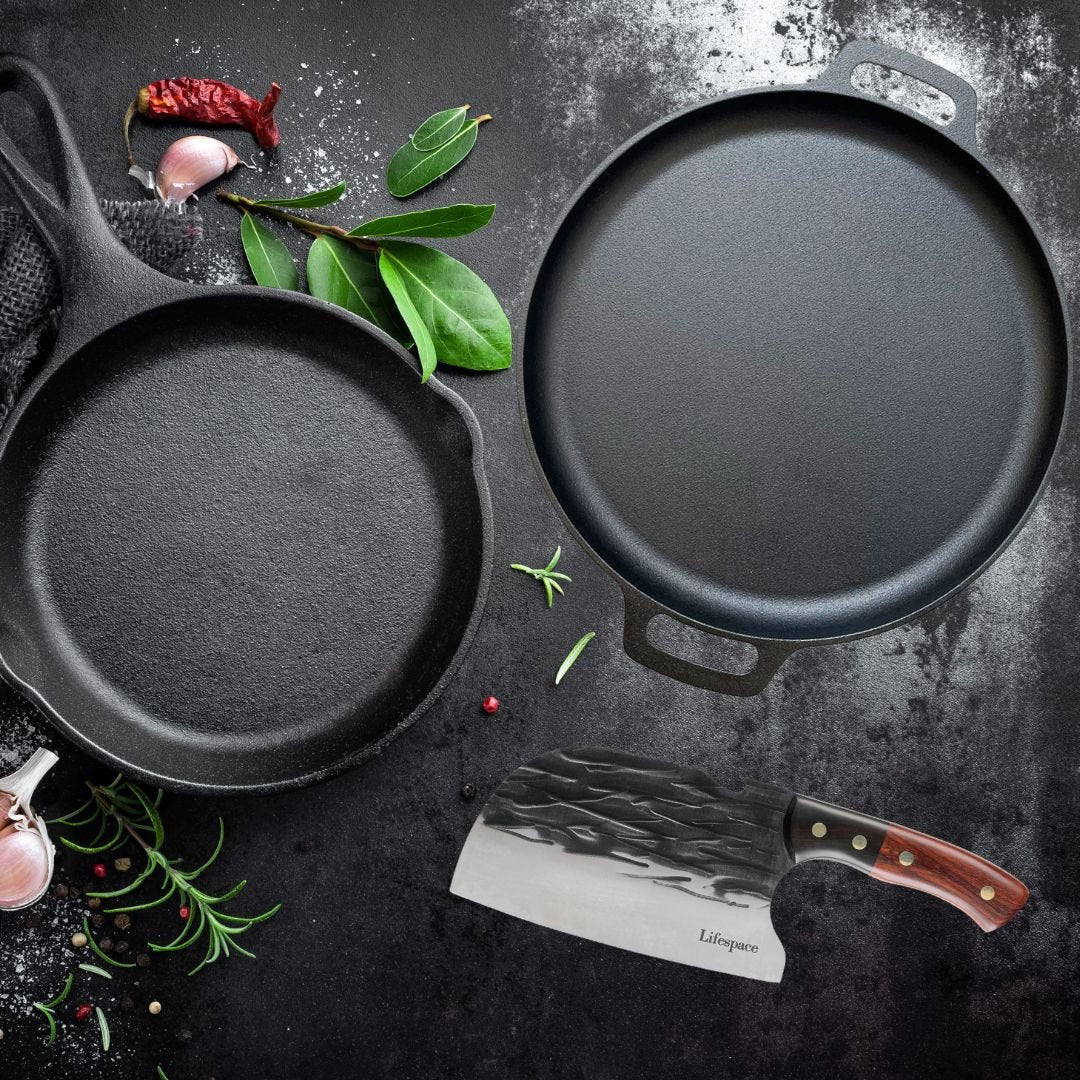 Lifespace Round Flat Cast Iron Grill Pan - 35cm