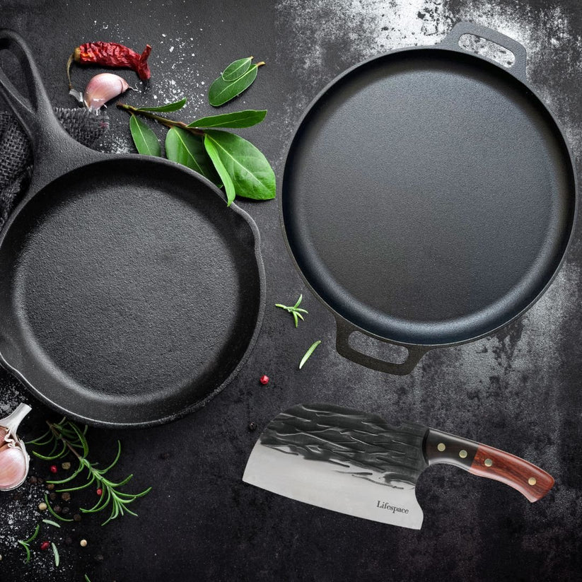 Lifespace Round Flat Cast Iron Grill Pan - 35cm