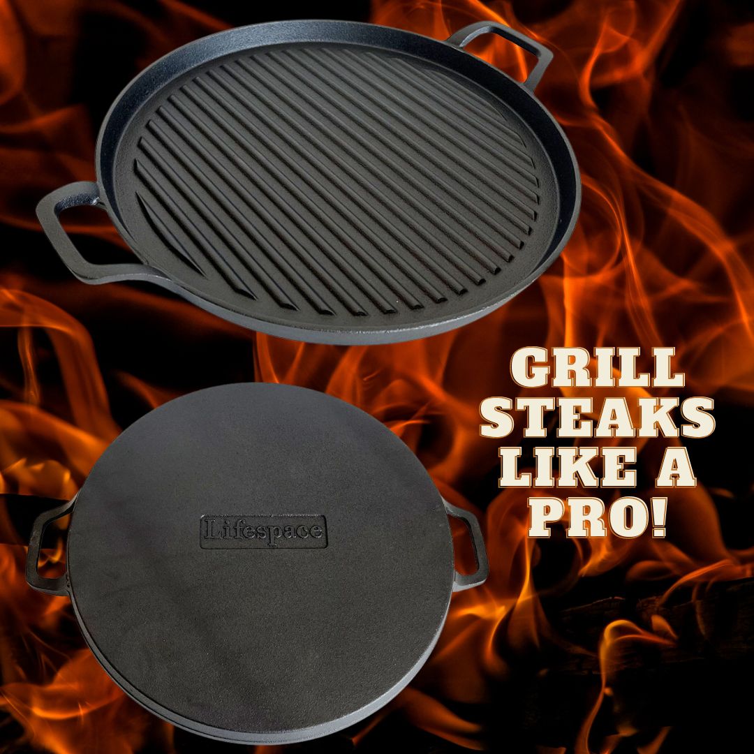 Lifespace Round Cast Iron Griddle Grill Pan - 31cm